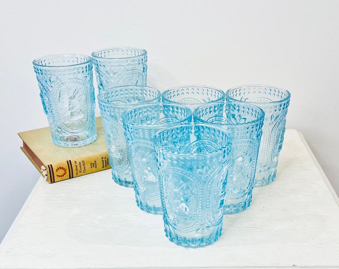 Rare Set 8 Tabla Home Bunny Knobby Hobnail Glass Blue Vintage Water ...