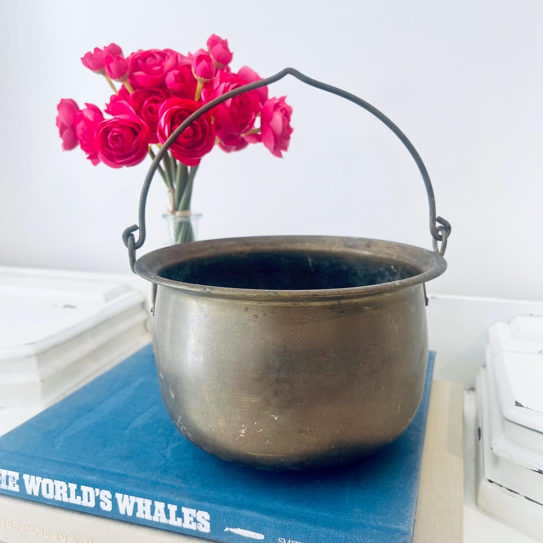 Vintage MCM Solid Brass Cauldron Round Bowl Pot Swing Handle 7x5 ...