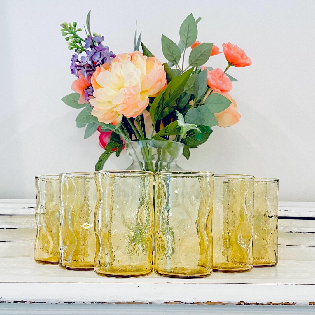 Vintage Honey Amber Dimpled Glass Tumblers Pinched Yellow MCM Set of 8 ...