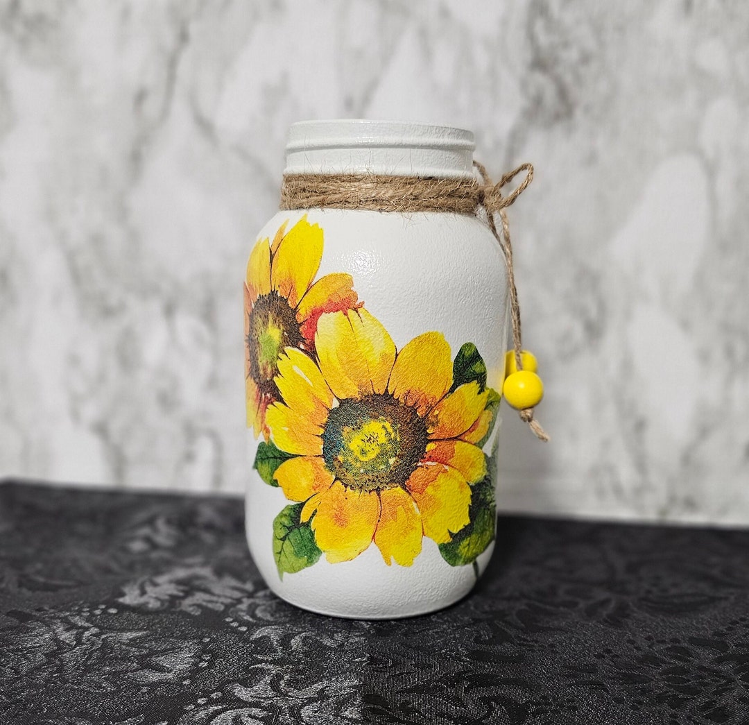 Sunflower Mason Jar, Sunflower Quart Jar, Jar Vase, Farmhouse Sunflower ...