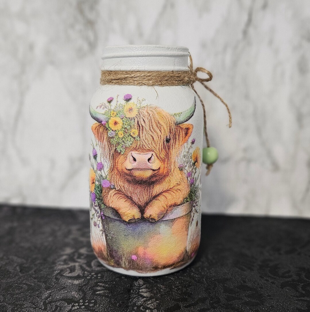 Highland Cow Mason Jar, Farmhouse Cow Quart Jar, Cow Shelf Sitter ...