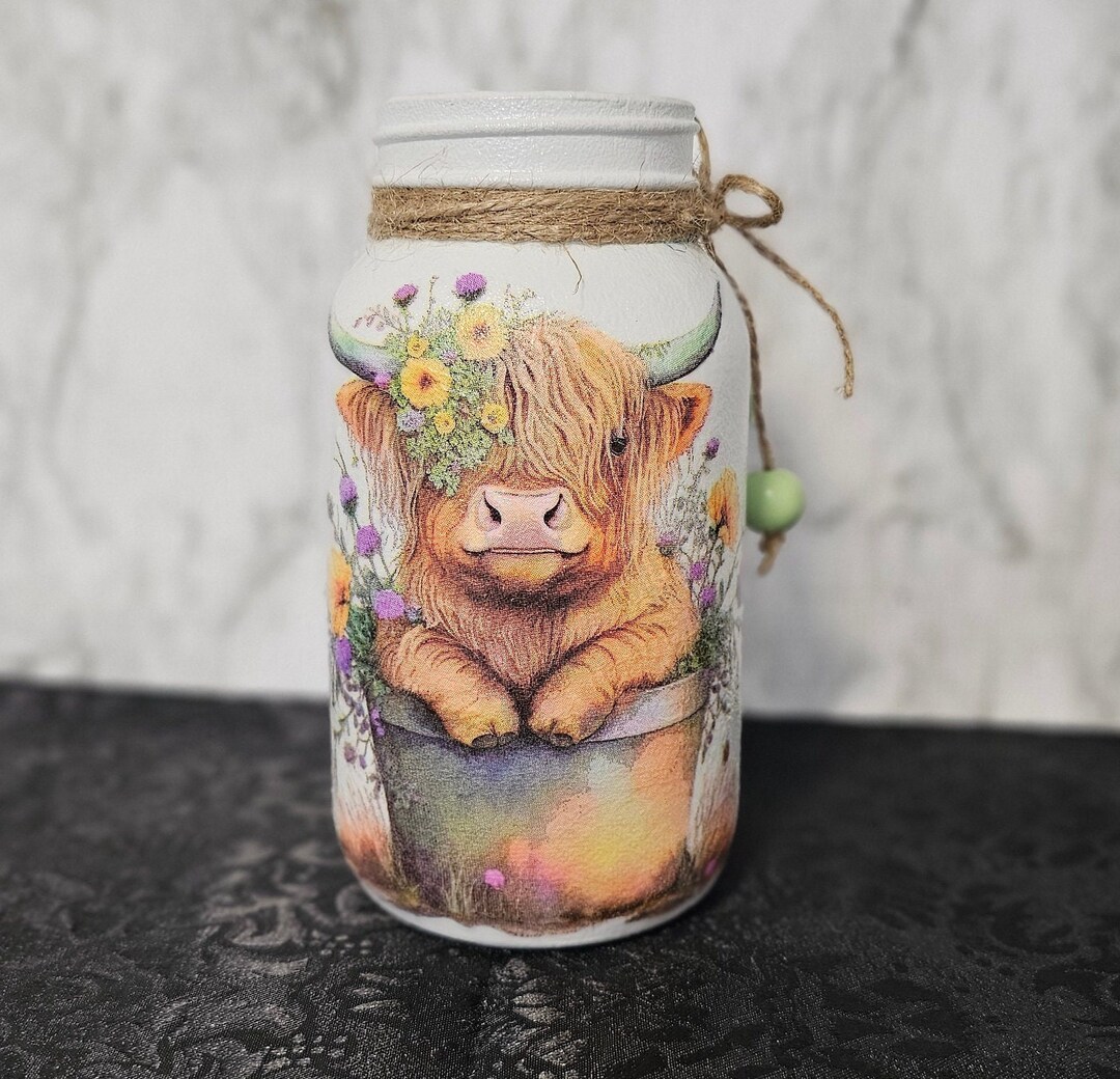 Highland Cow Mason Jar, Farmhouse Cow Quart Jar, Cow Shelf Sitter ...