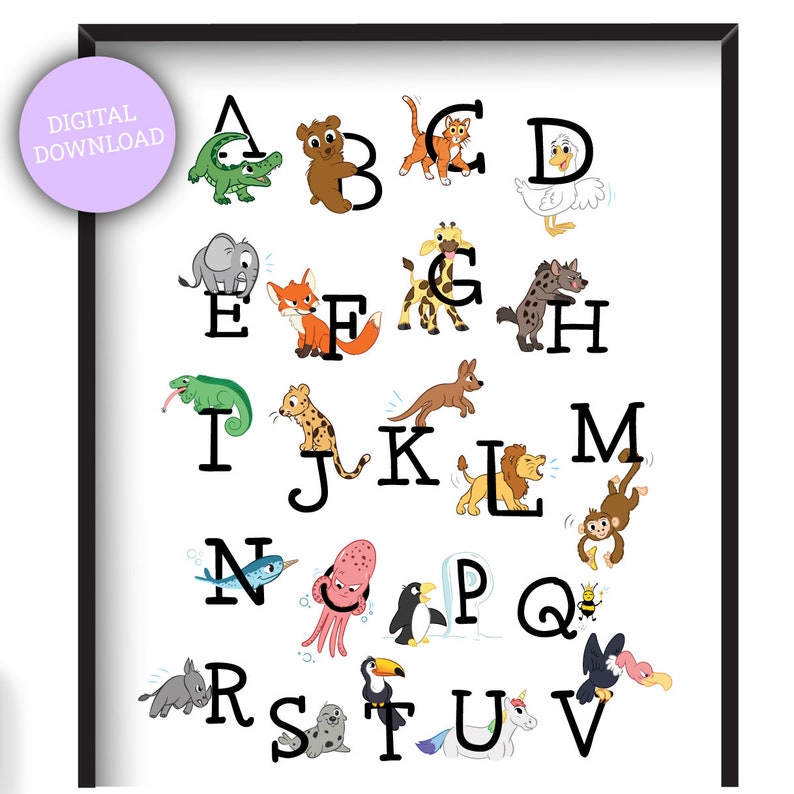 Cartoon Expressive Alphabet Animals Wall Print, Nursery Print, Bedroom ...
