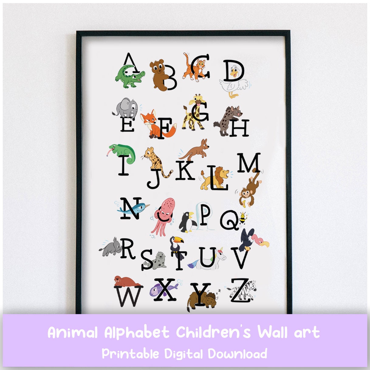 Cartoon Expressive Alphabet Animals Wall Print, Nursery Print, Bedroom ...