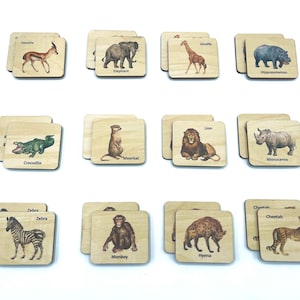 Montessori Wooden Safari Animals Matching Cards/ Bilingual French Wood ...