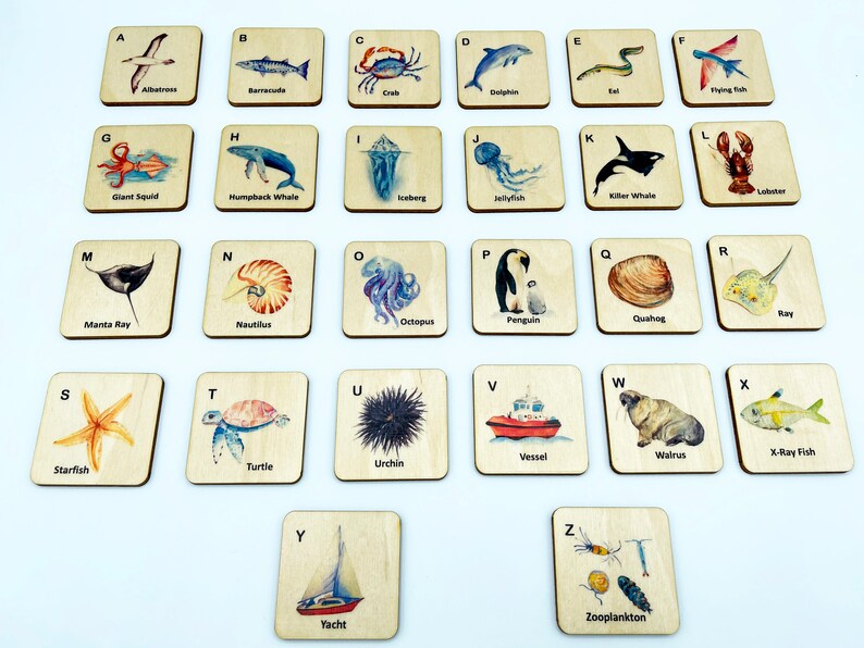 Wooden Montessori Ocean Animals Alphabets ABC Tiles/ - Etsy