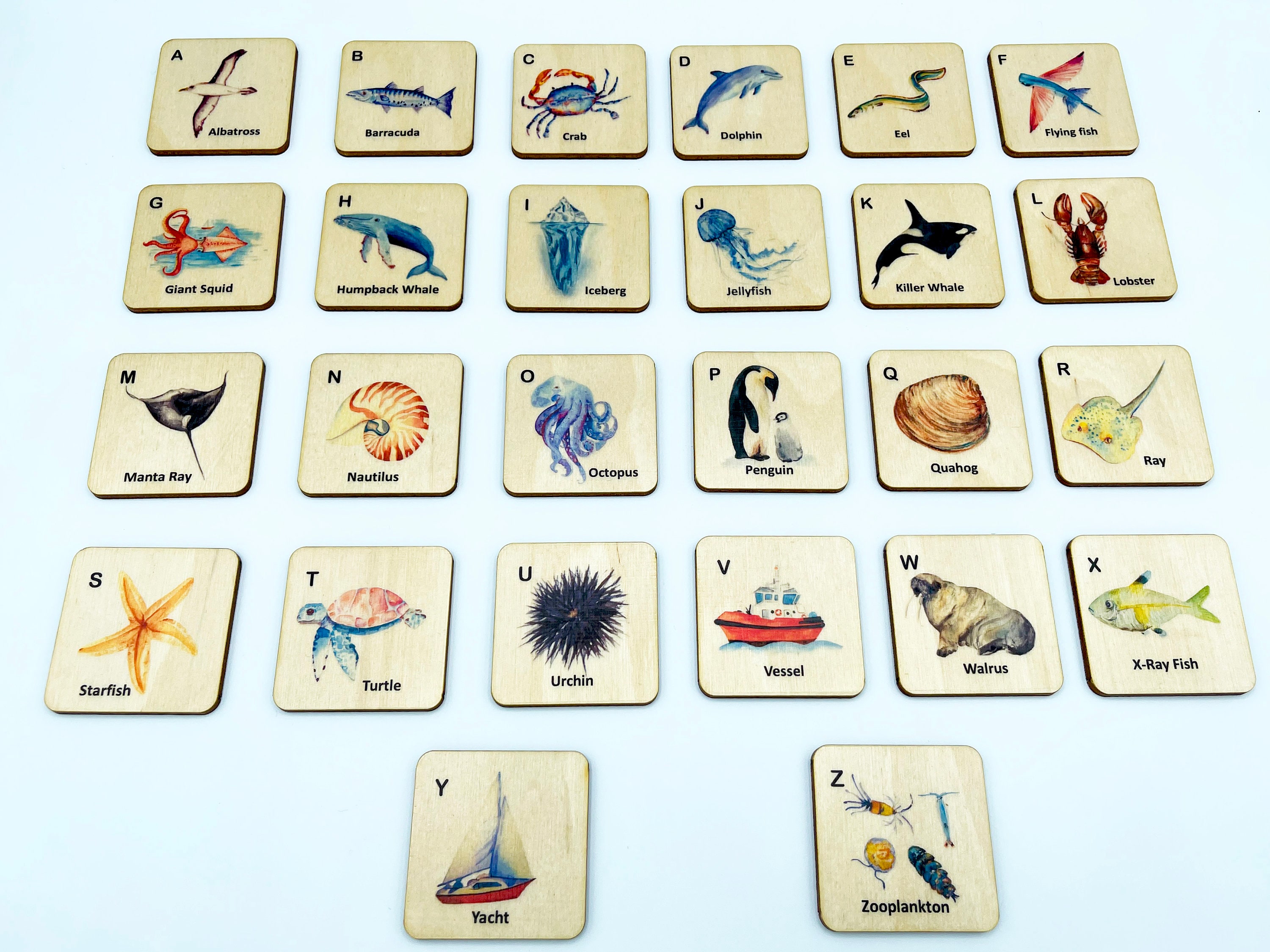 Wooden Montessori ocean animals alphabets ABC tiles/ | Etsy