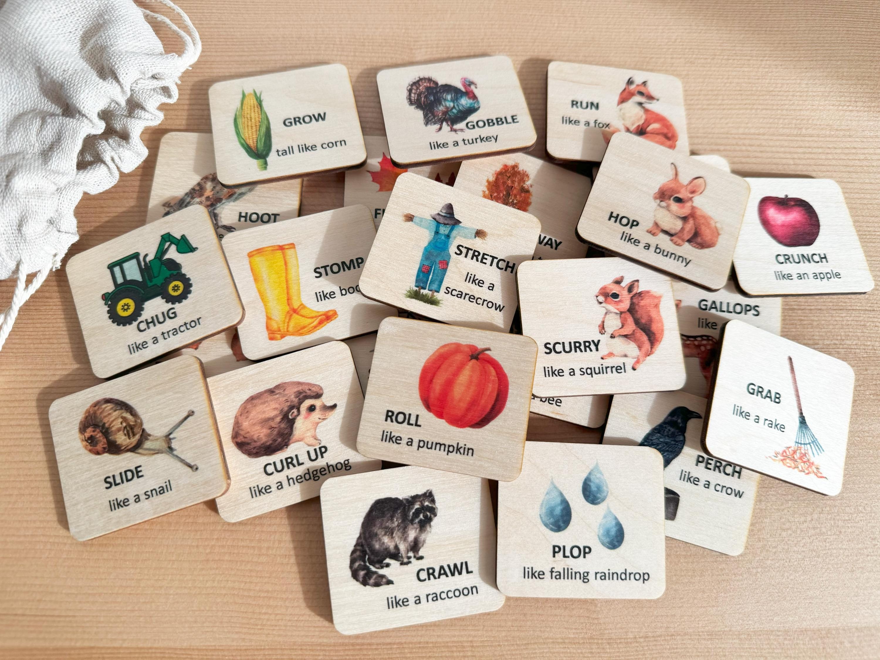 24 Fall Movement Wooden Cards for Kids/ Educational Activity Cards ...