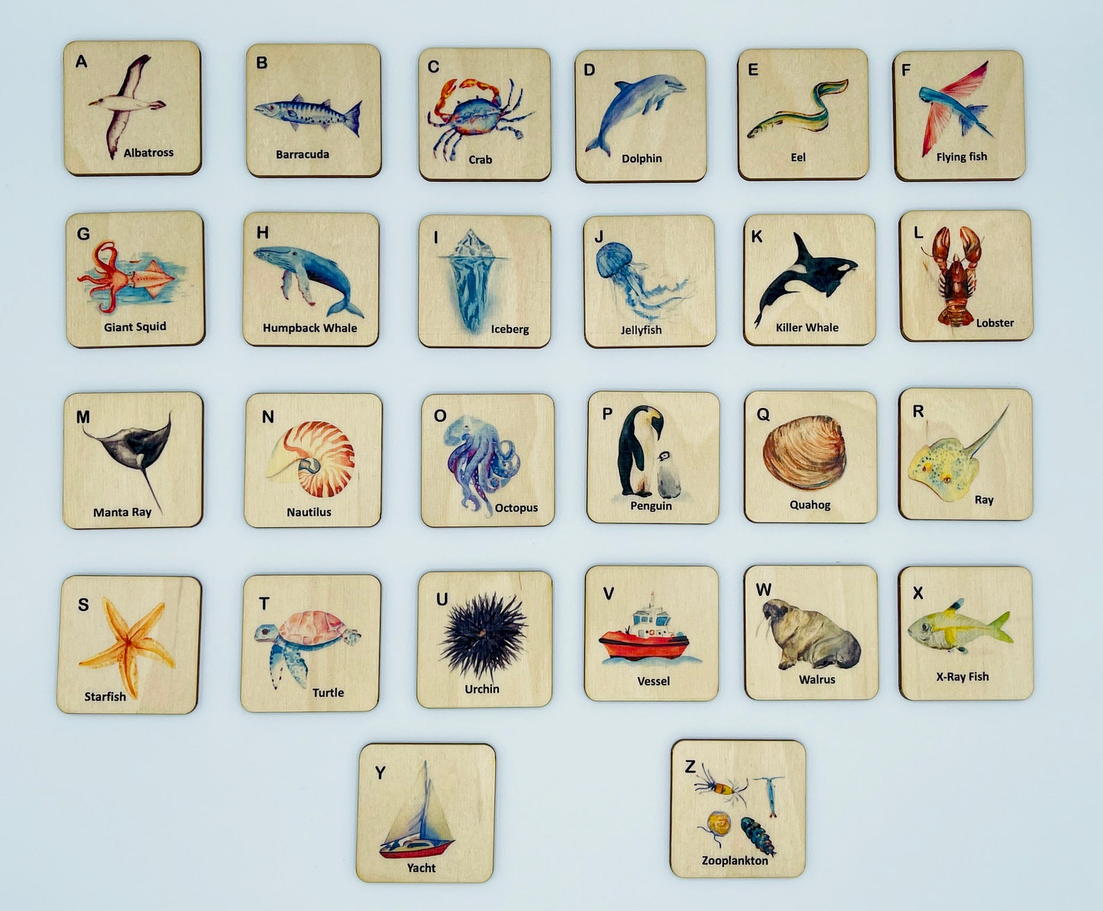 Wooden Montessori Ocean Animals Alphabets ABC Tiles/ - Etsy