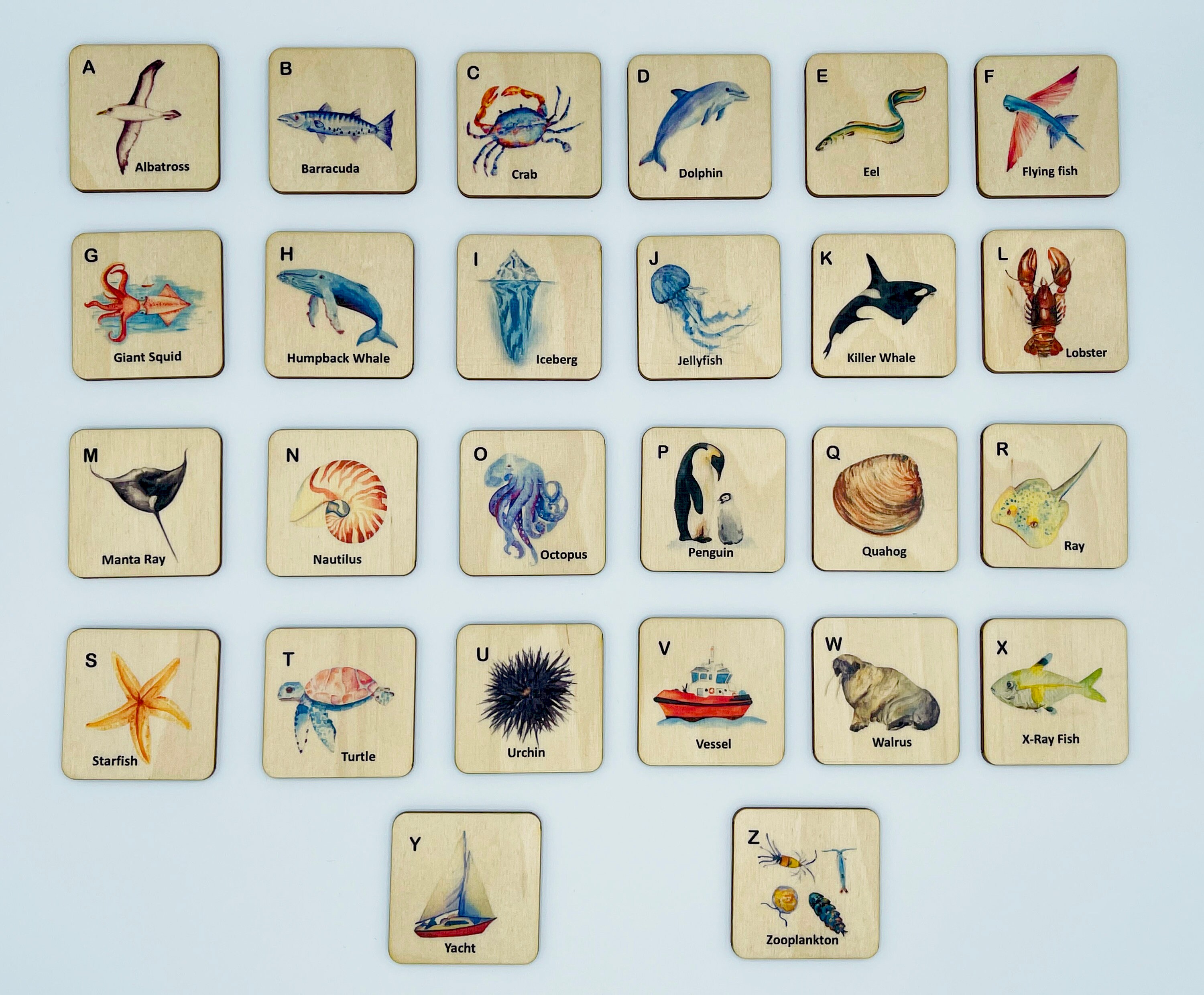 Wooden Montessori ocean animals alphabets ABC tiles/ | Etsy