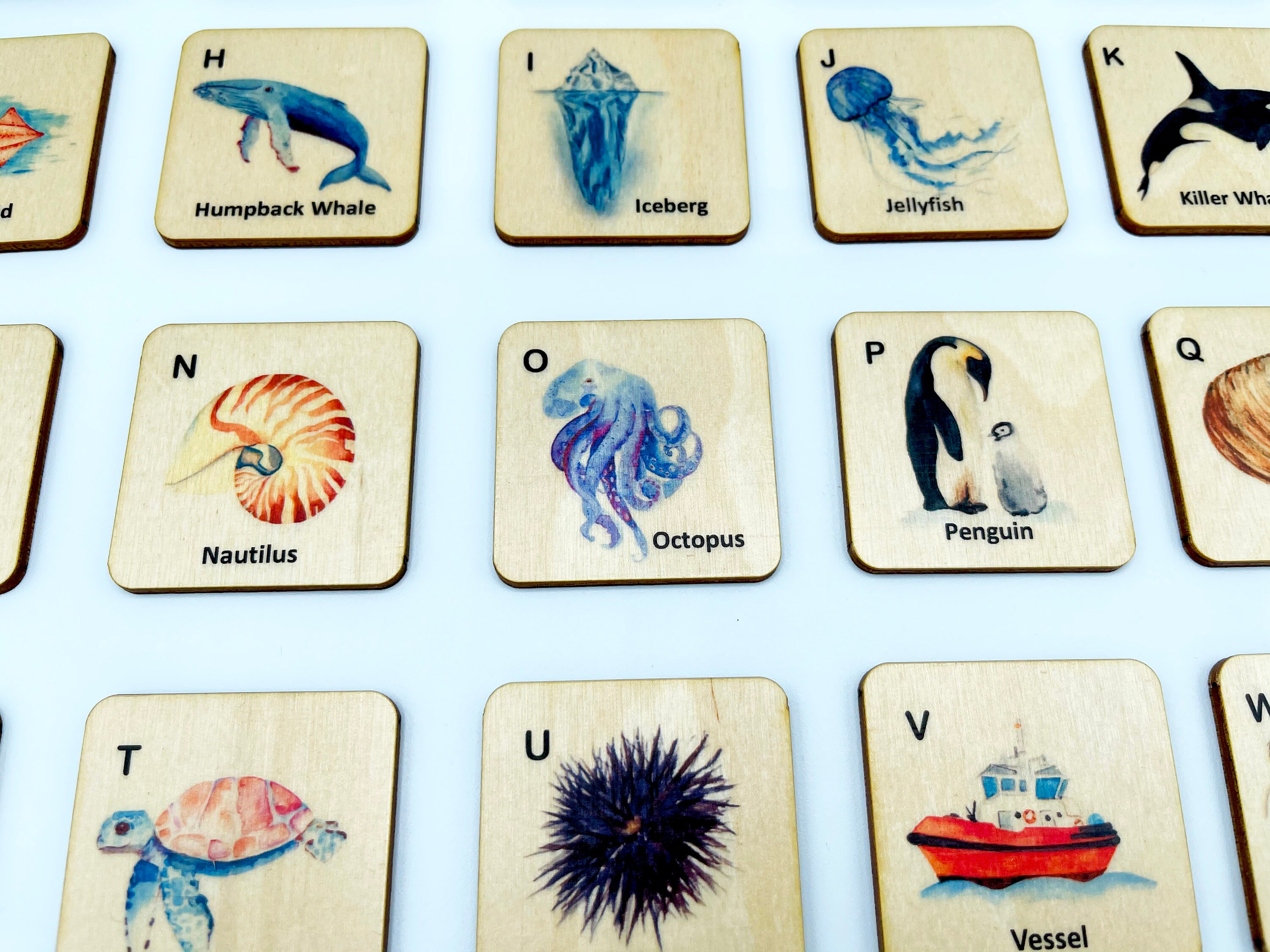 Wooden Montessori ocean animals alphabets ABC tiles/ | Etsy