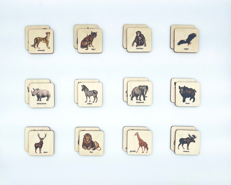 Montessori Wooden Safari Animals Matching Cards/ Bilingual - Etsy