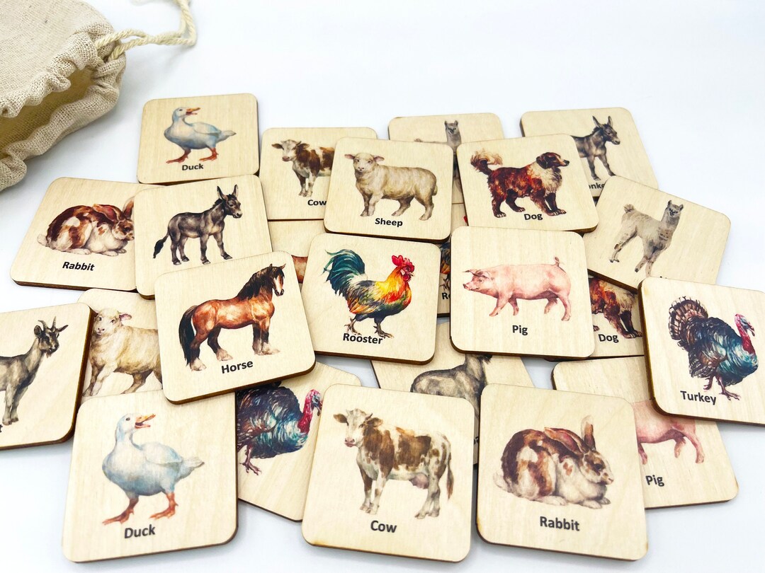 Wooden Farm Animals Memory Game, Montessori Animals Matching Cards ...