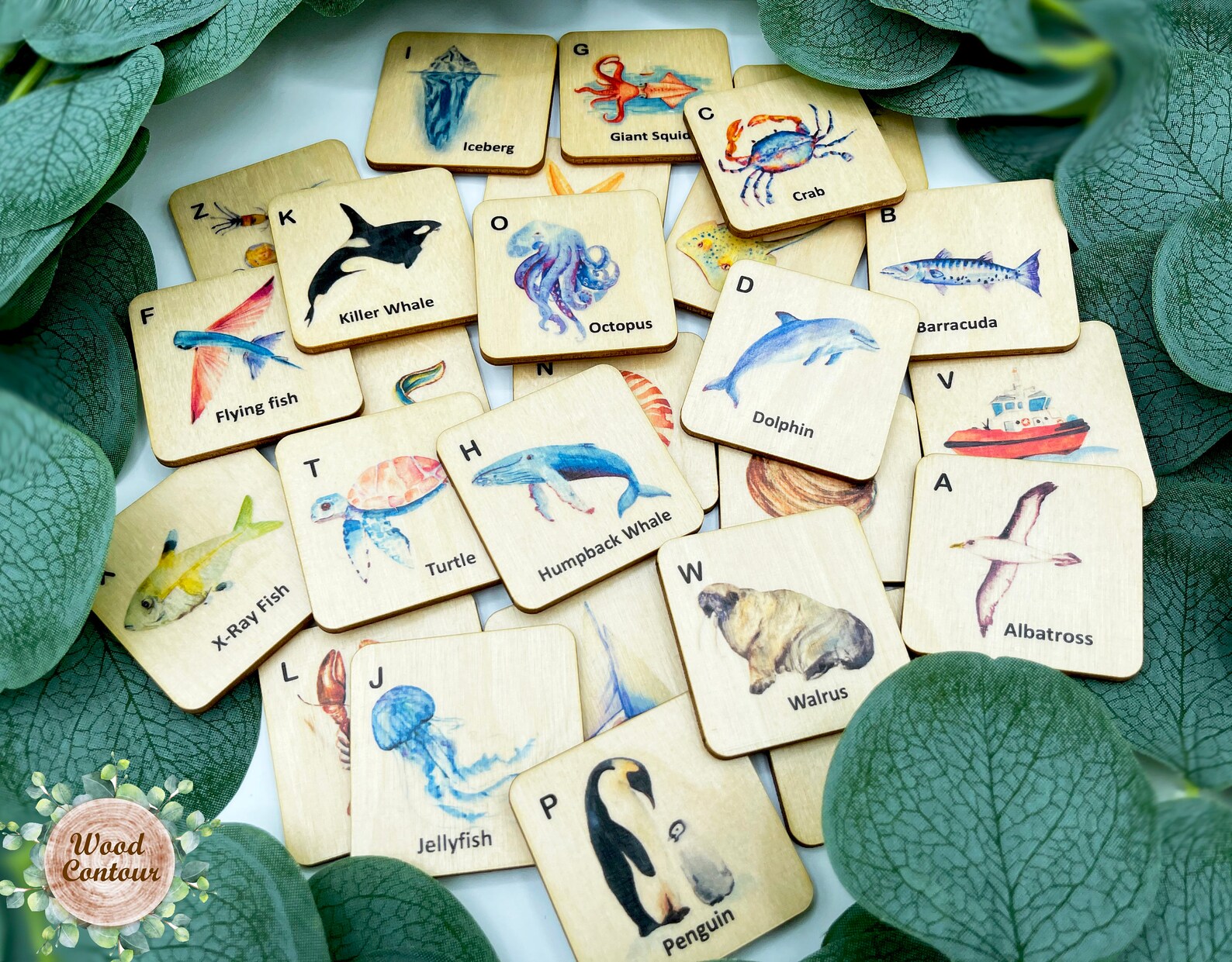 Wooden Montessori Ocean Animals Alphabets ABC Tiles/ - Etsy