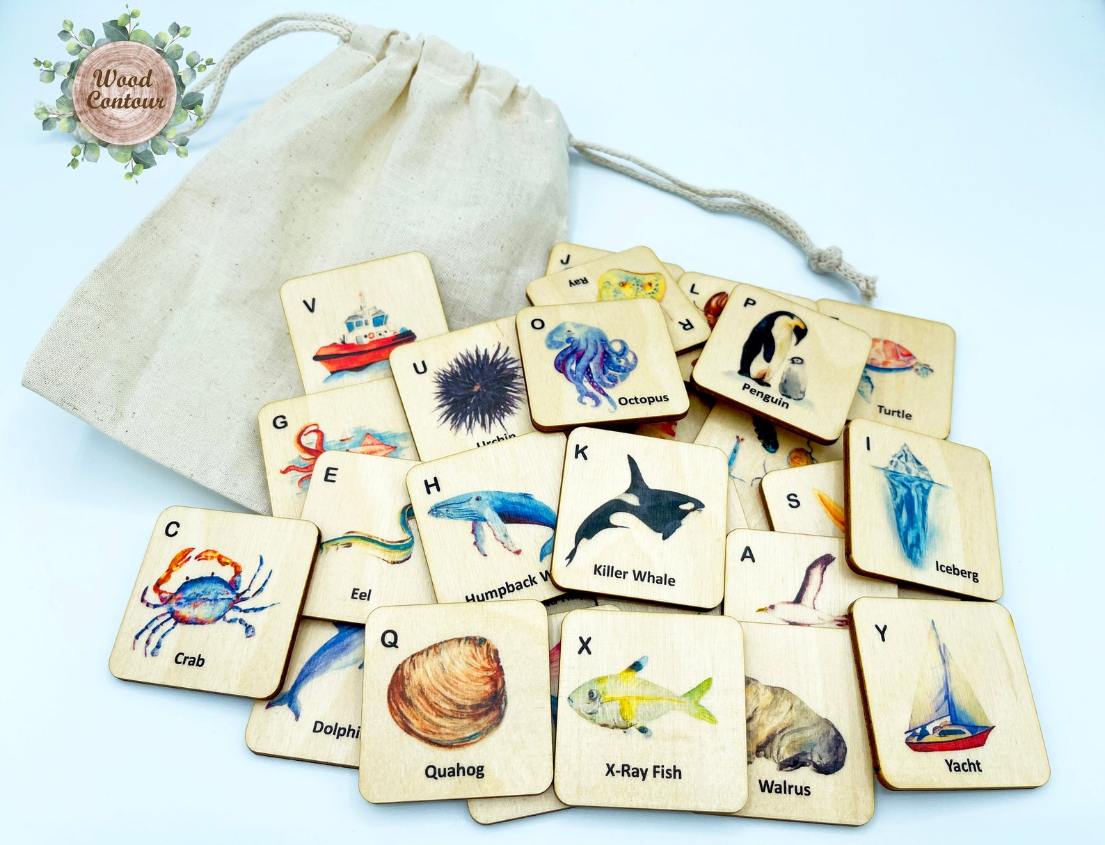 Wooden Montessori Ocean Animals Alphabets ABC Tiles/ - Etsy