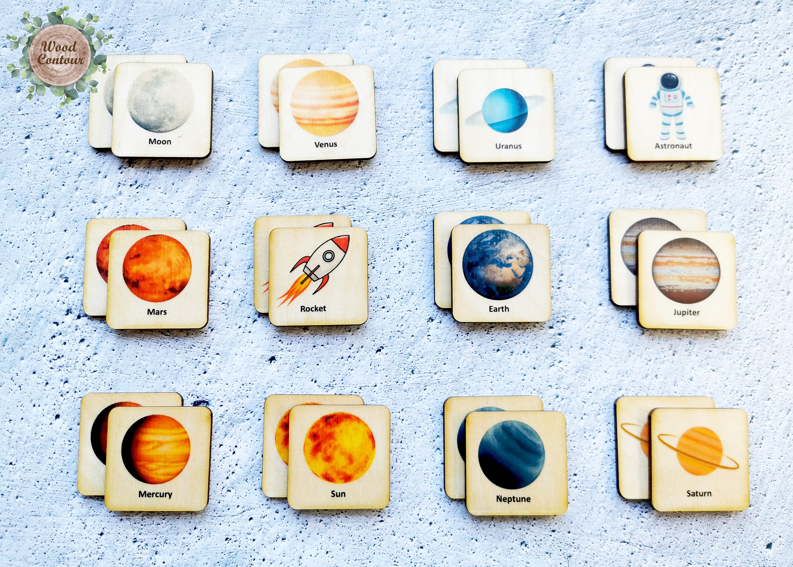 Montessori wood space solar system moon phases memory game/ | Etsy
