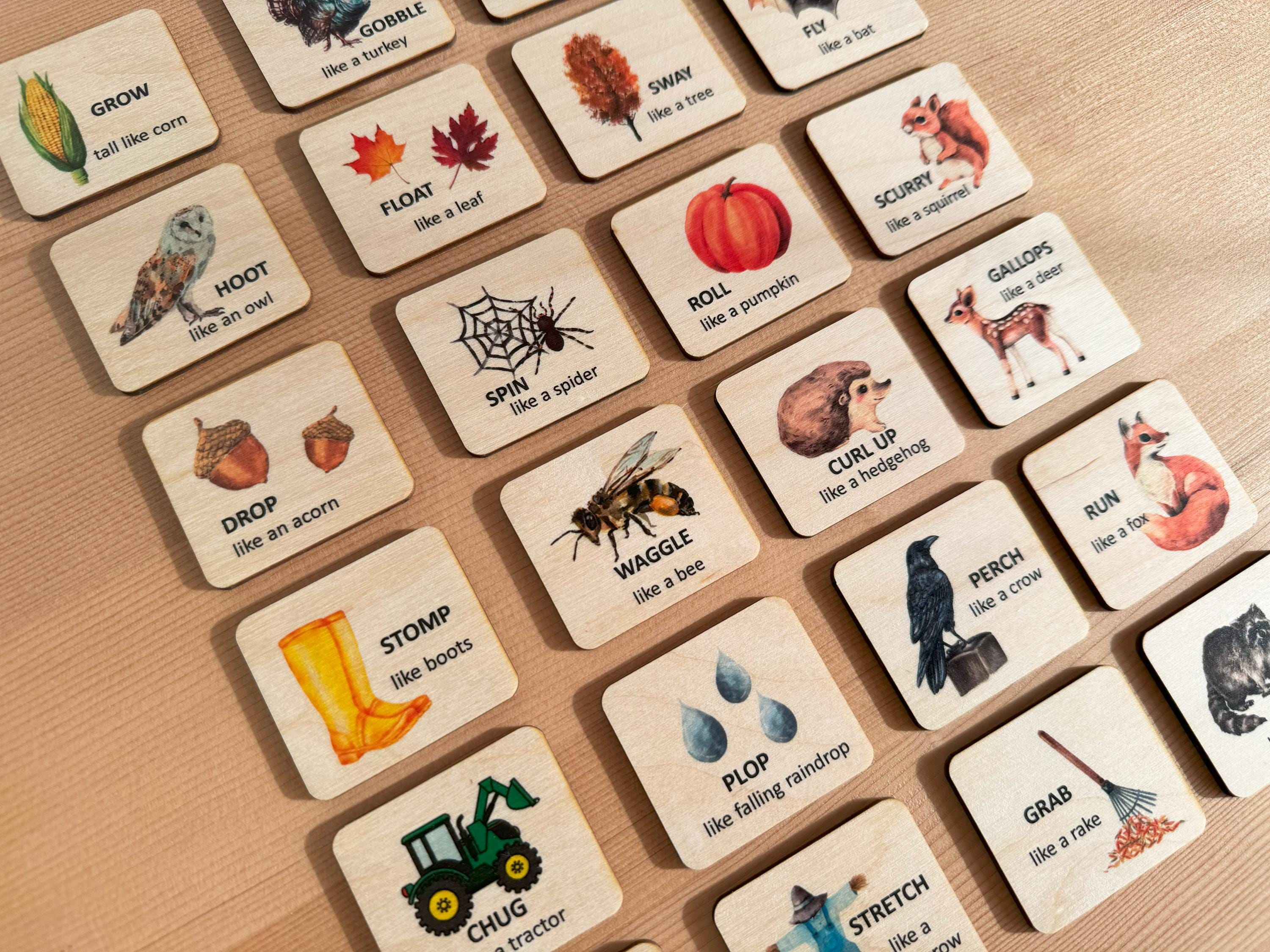 24 Fall Movement Wooden Cards for Kids/ Educational Activity Cards ...
