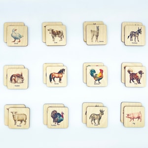 Wooden Farm Animals Memory Game, Montessori Animals Matching Cards ...
