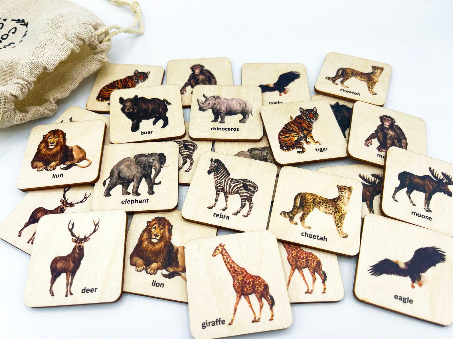 Montessori Wooden Safari Animals Matching Cards/ Bilingual - Etsy