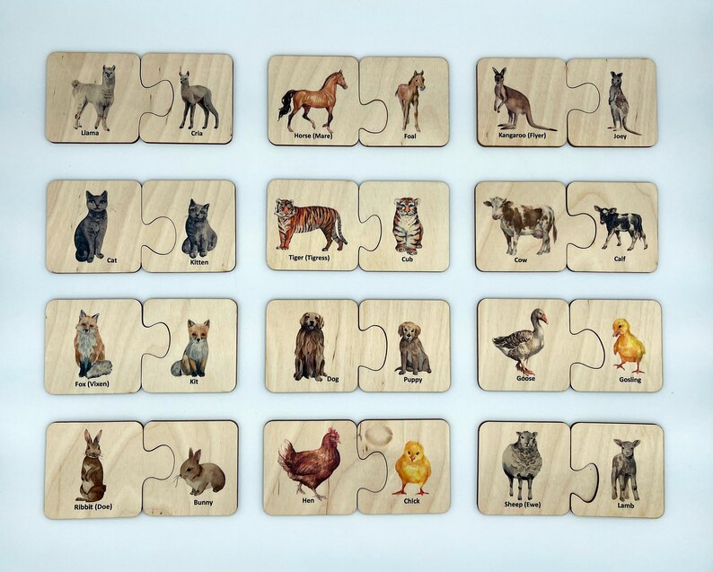 Wooden Montessori Mother Baby Animals Matching Puzzle | Etsy