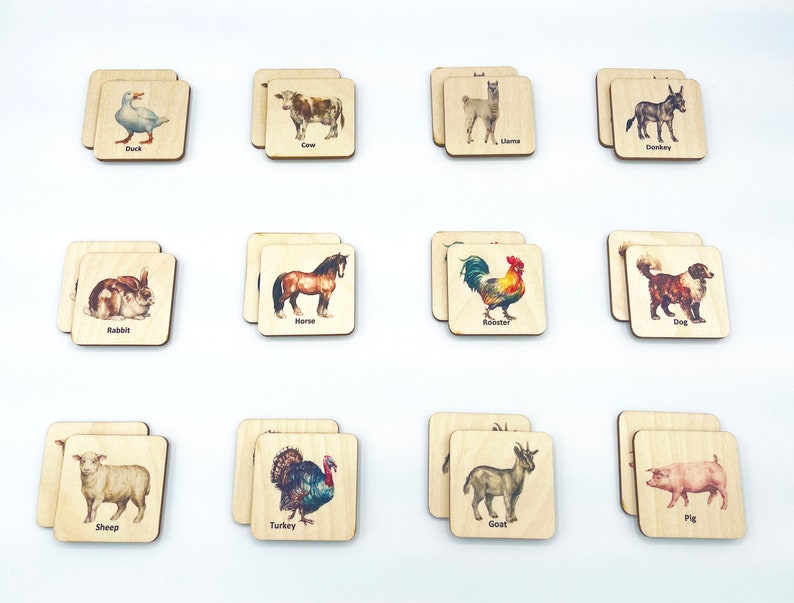 Wooden Farm Animals Memory Game, Montessori Animals Matching Cards ...
