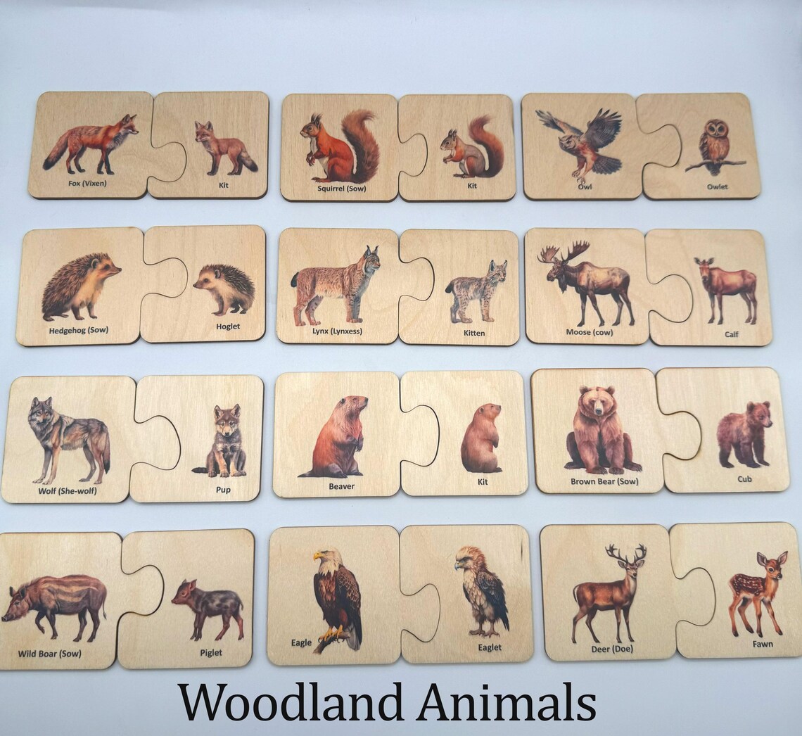 Wooden Montessori Mother Baby Animals Matching Puzzle, Homeschool ...