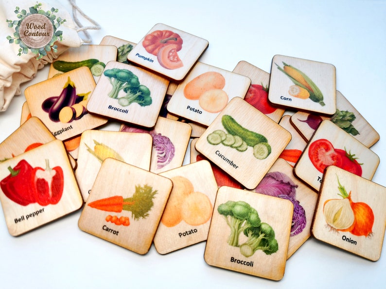 Montessori Wooden vegetables matching cards/ Wood veggies | Etsy