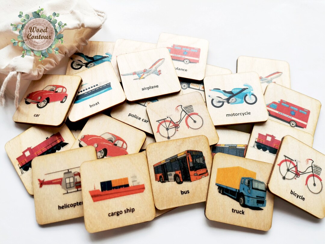 Montessori Wooden Transportation Memory Game in French English ...