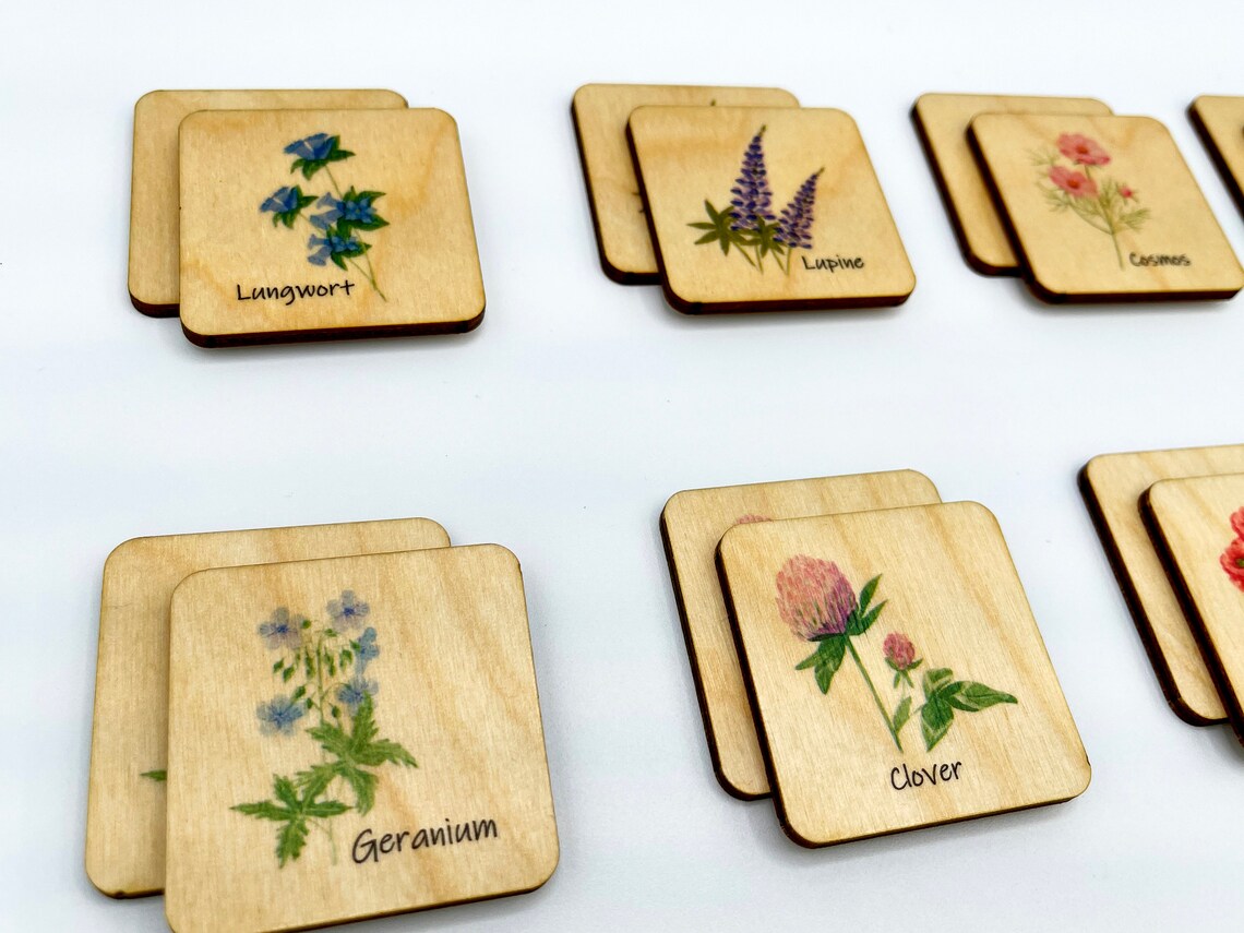 Montessori wooden wildflowers memory game/ matching cards/ | Etsy