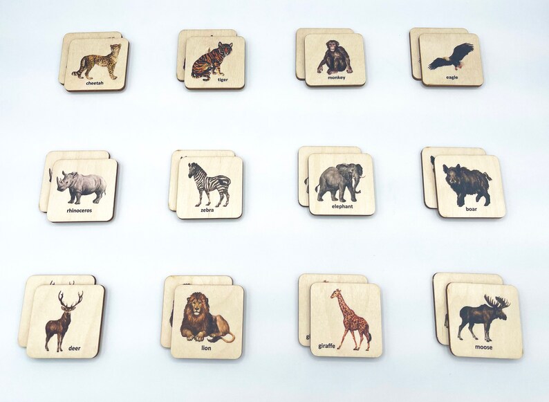 Montessori Wooden Safari Animals Matching Cards/ Bilingual - Etsy