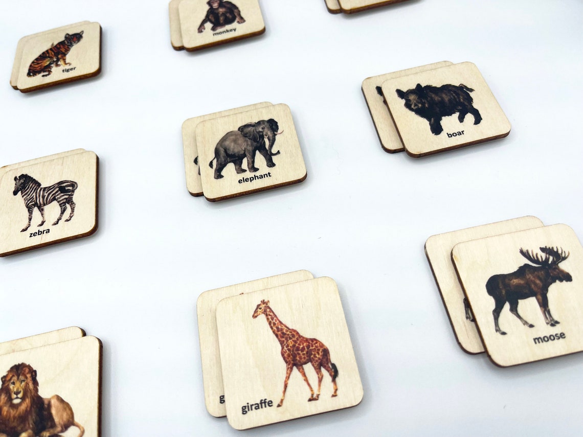 Montessori Wooden Safari Animals Matching Cards/ Bilingual - Etsy