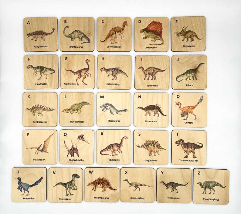 Dinosaur Alphabet Wooden Flashcards/ Montessori Learning Dinosaur ...