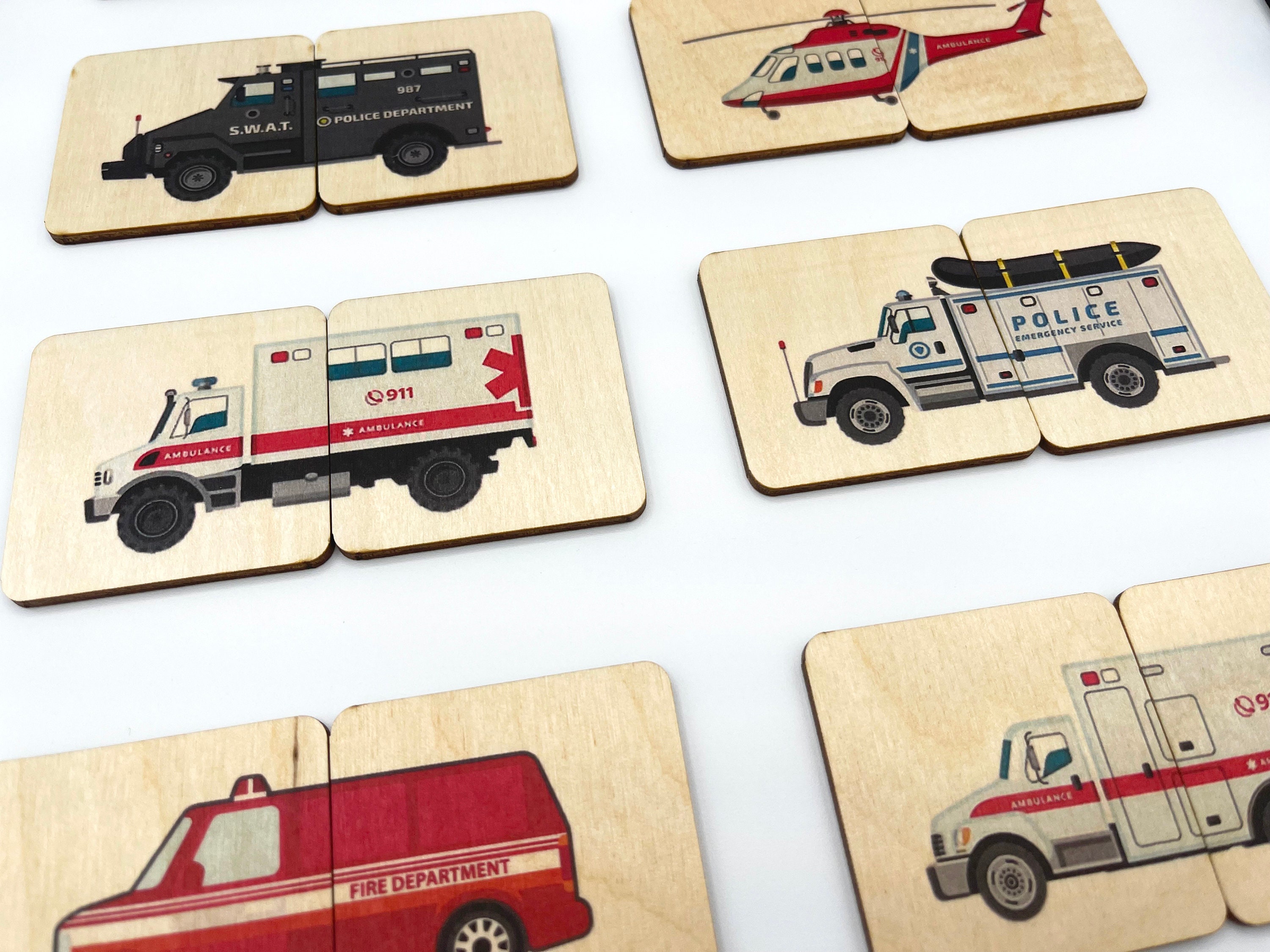 Wooden Emergency Vehicles Firetruck Police Car Ambulance Puzzle Game ...