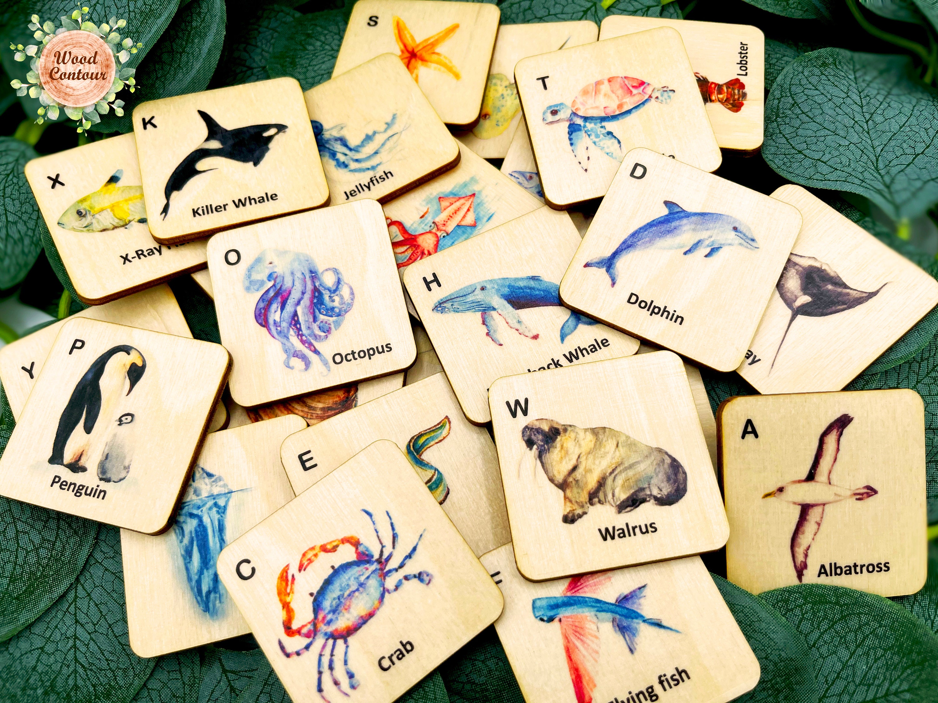 Wooden Montessori ocean animals alphabets ABC tiles/ | Etsy