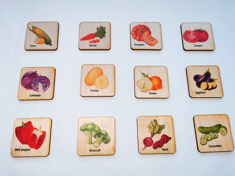 Montessori Wooden vegetables matching cards/ Wood veggies | Etsy