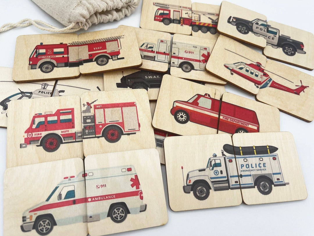 Wooden Emergency Vehicles Firetruck Police Car Ambulance Puzzle Game ...
