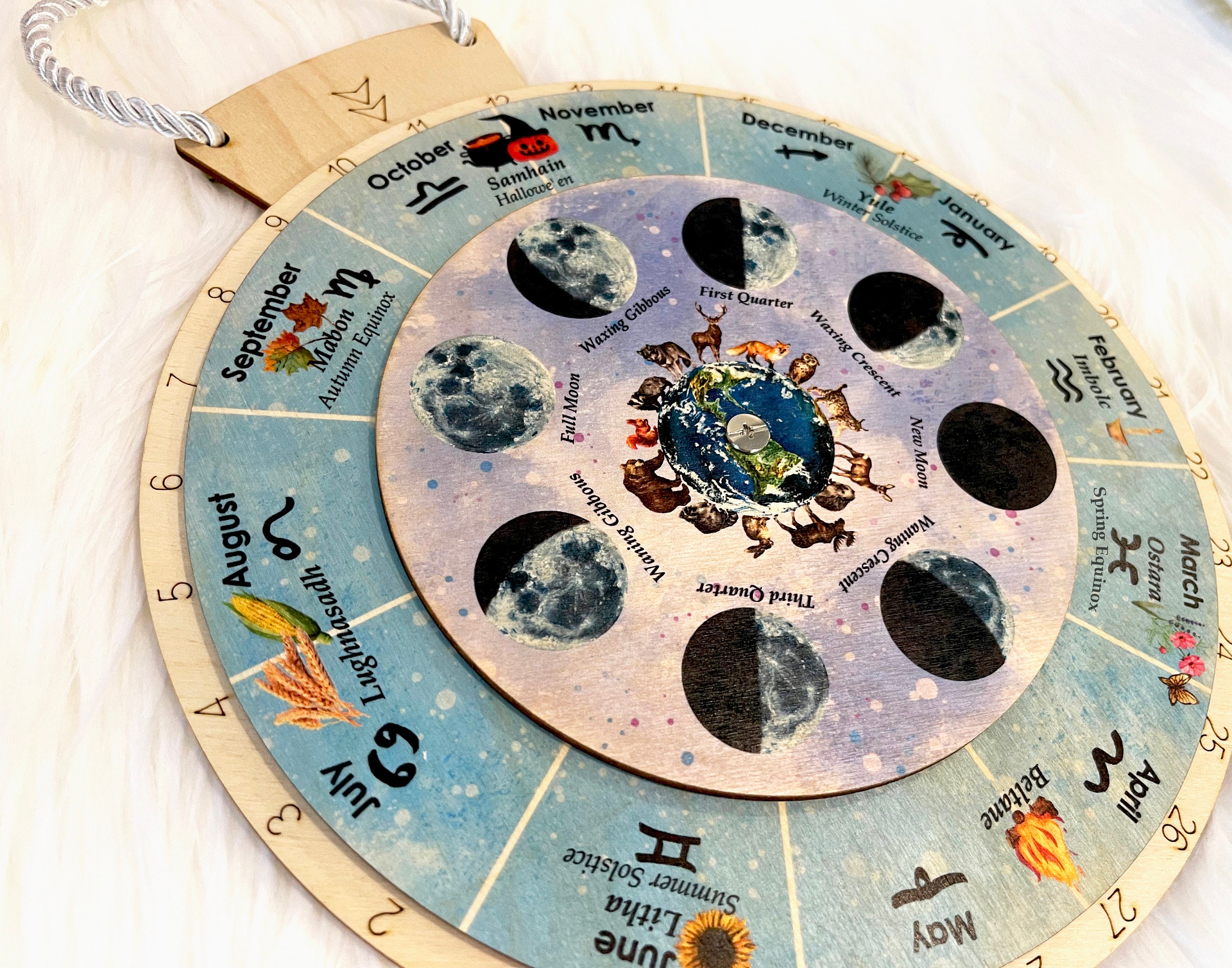 Wheel of the Year Wooden Perpetual Calendar Moon Phases | Etsy