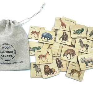 Montessori Wooden Safari Animals Matching Cards/ Bilingual French Wood ...