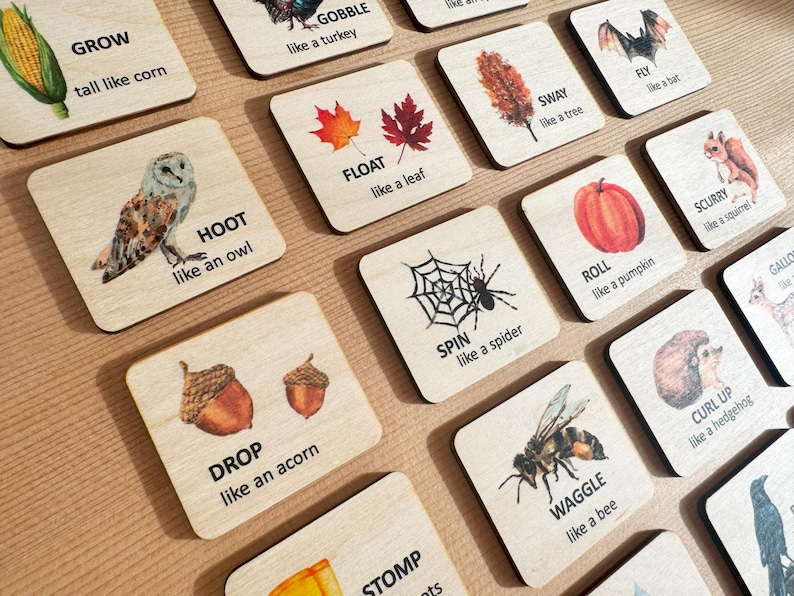 24 Fall Movement Wooden Cards for Kids/ Educational Activity Cards ...