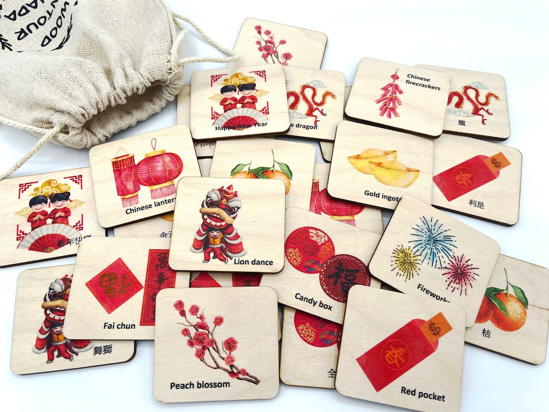 Wooden Lunar New Year Memory Game/ Chinese New Year Matching Cards ...