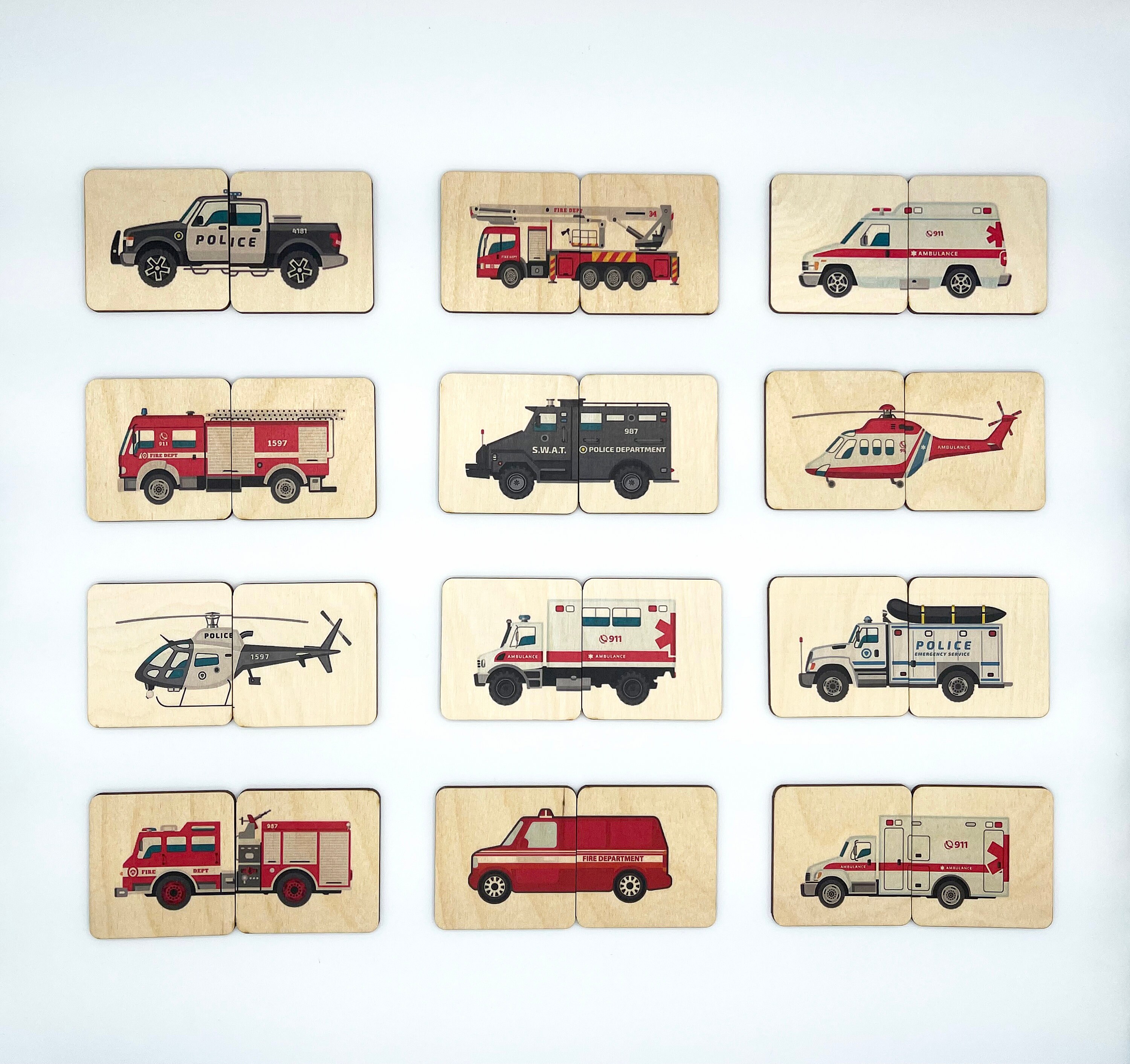Wooden Emergency Vehicles Firetruck Police Car Ambulance Puzzle Game ...