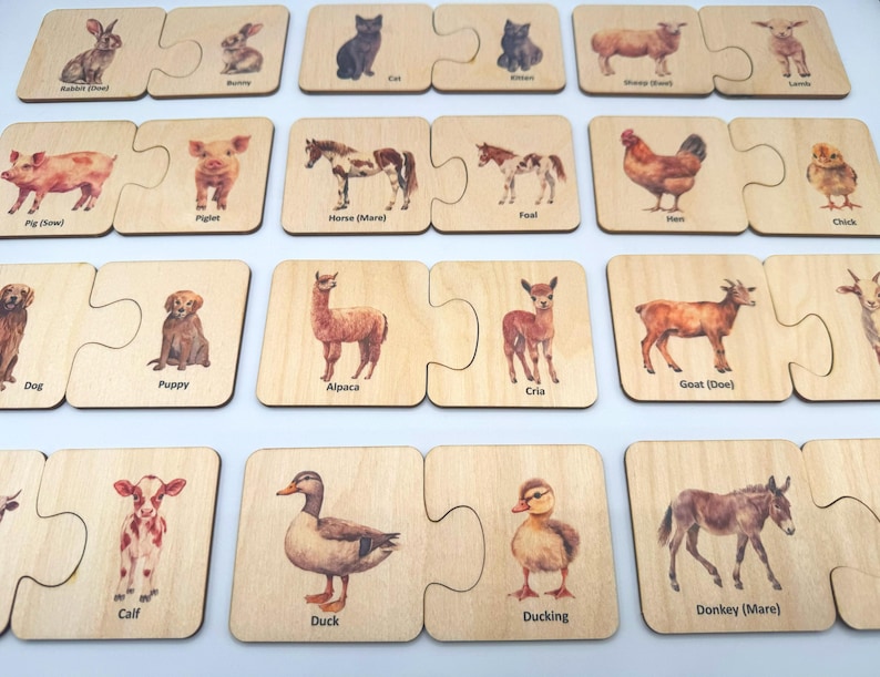 Wooden Montessori Mother Baby Animals Matching Puzzle, Homeschool ...