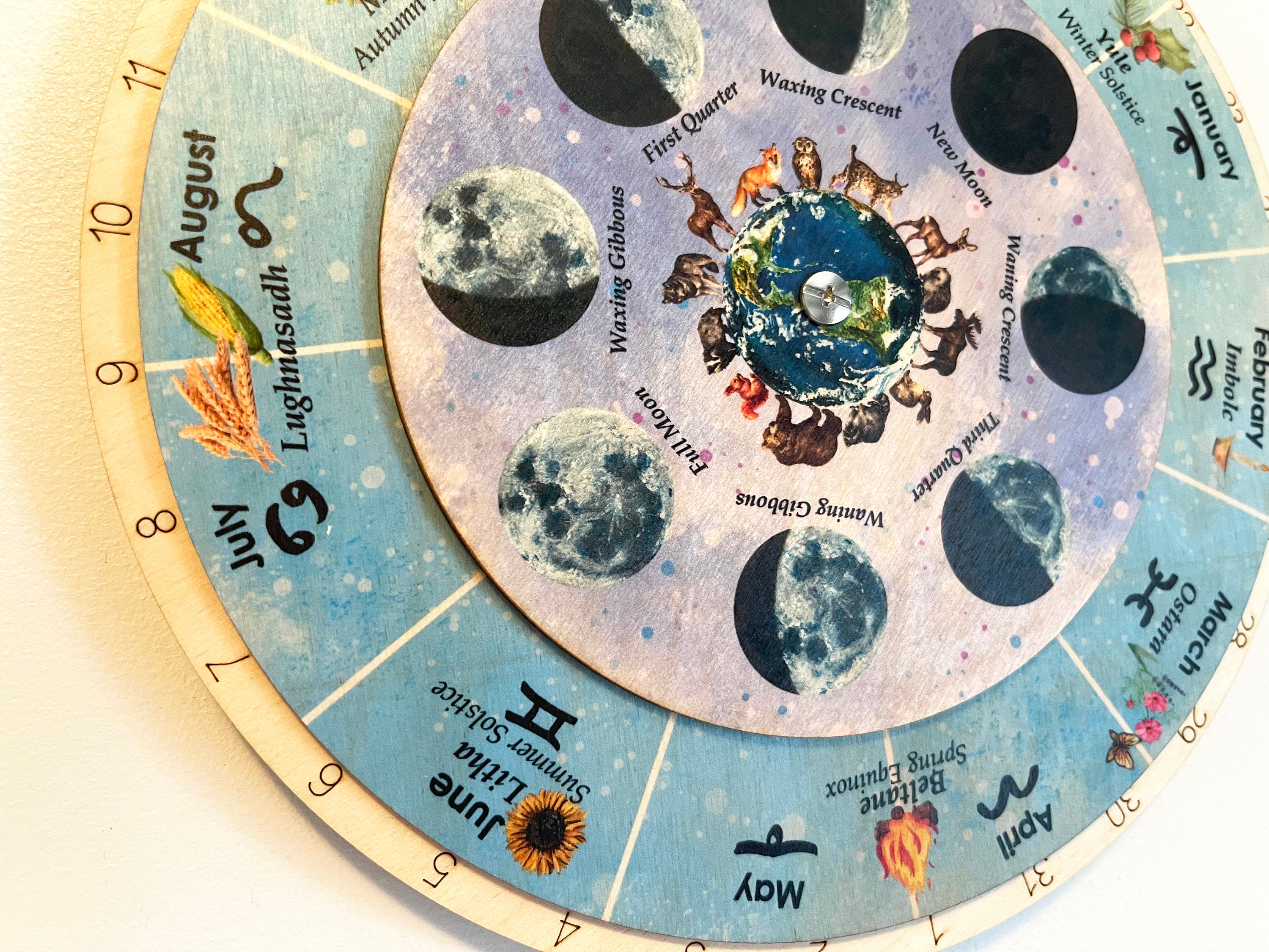 Wheel of the Year Wooden Perpetual Calendar Moon Phases | Etsy
