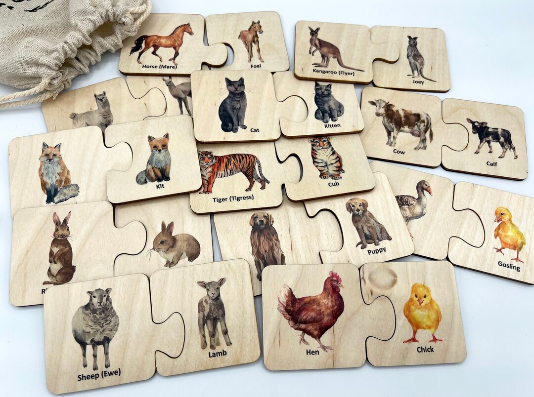 Wooden Montessori Mother Baby Animals Matching Puzzle, Homeschool ...