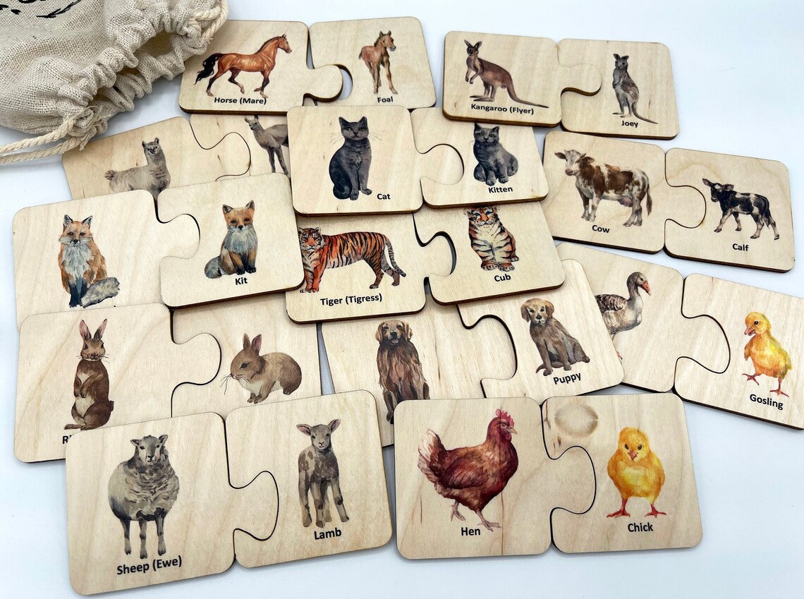 Wooden Montessori Mother Baby Animals Matching Puzzle - Etsy