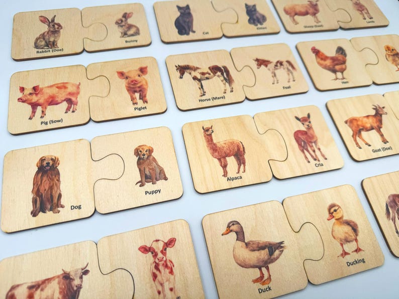 Wooden Montessori Mother Baby Animals Matching Puzzle, Homeschool ...