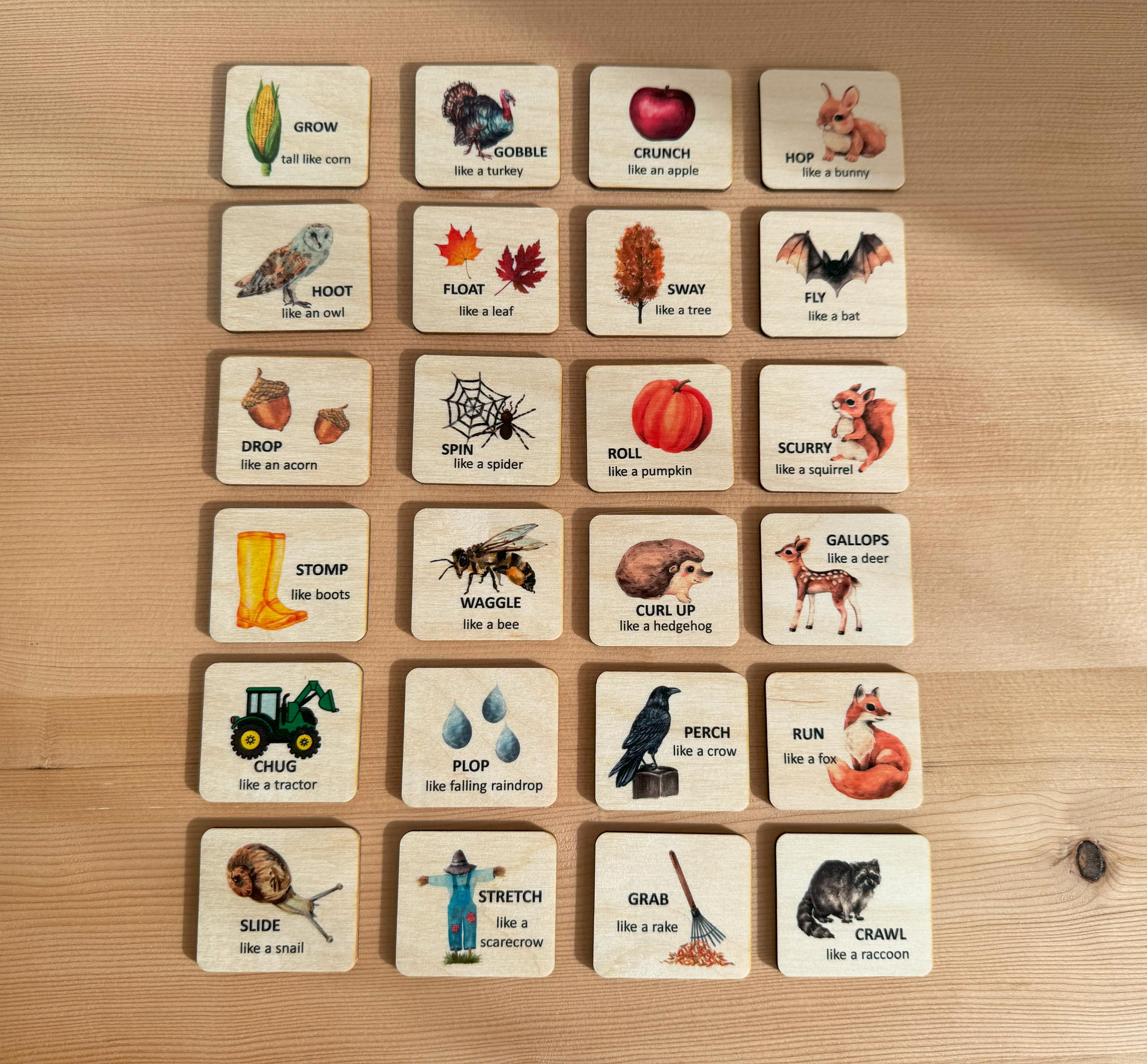 24 Fall Movement Wooden Cards for Kids/ Educational Activity Cards ...