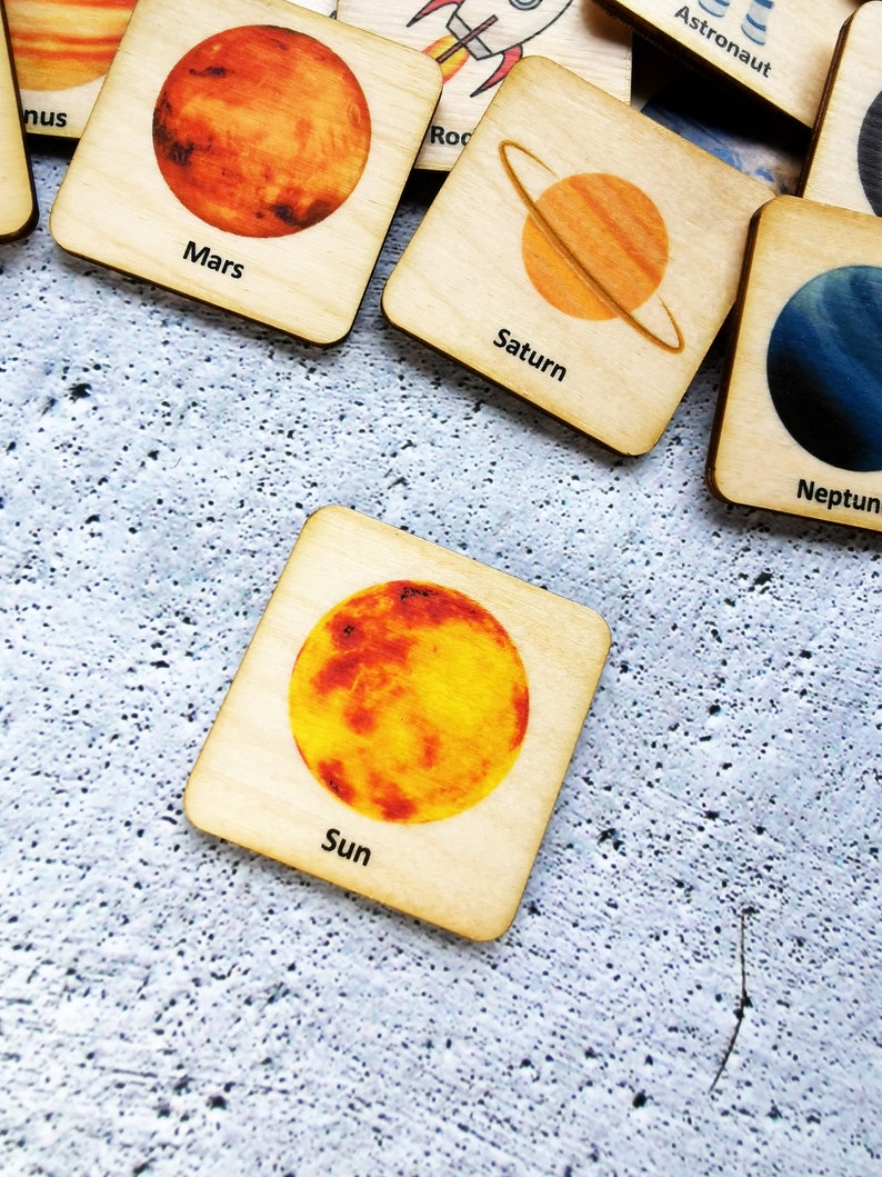 Montessori wood space solar system moon phases memory game/ | Etsy