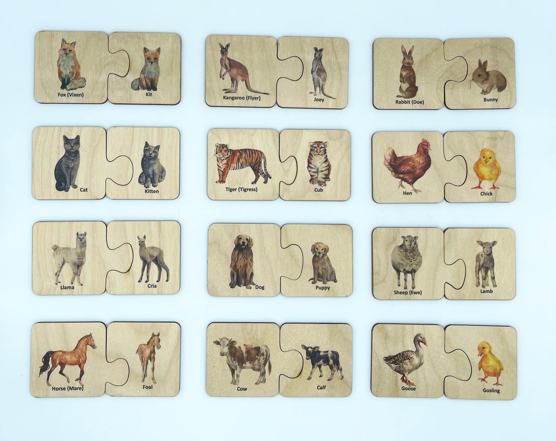 Wooden Montessori Mother Baby Animals Matching Puzzle - Etsy