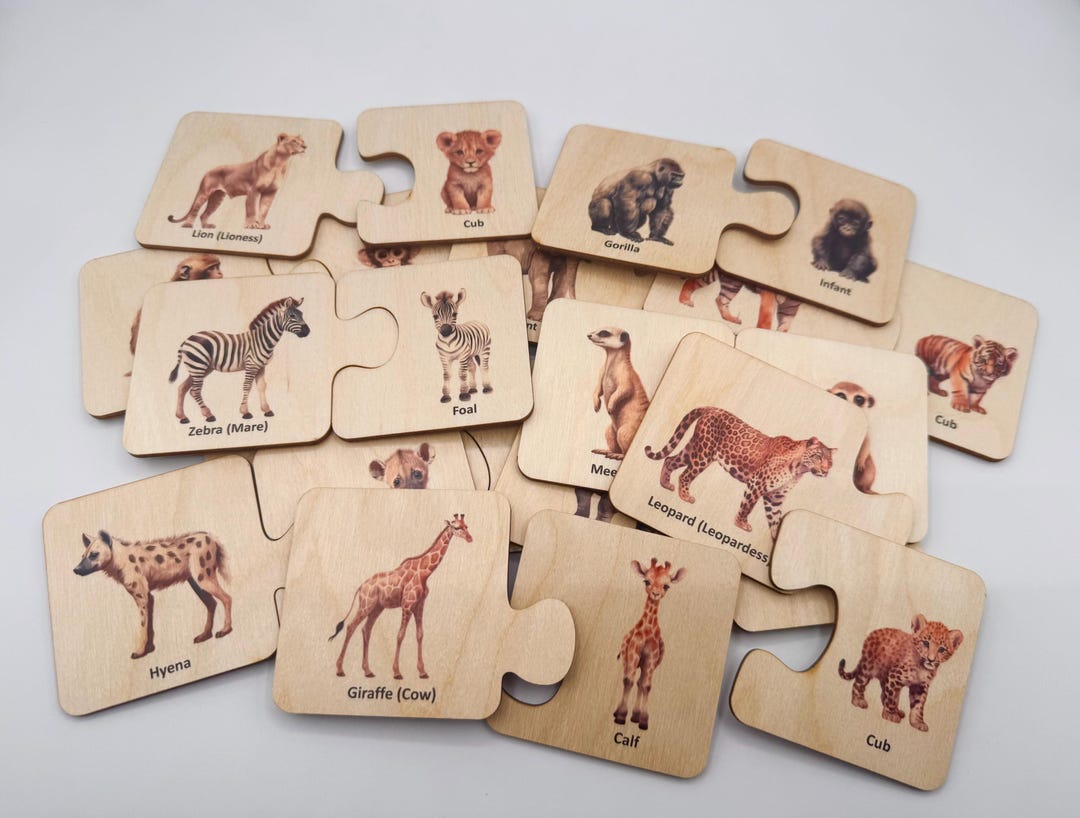 Wooden Montessori Mother Baby Safari Animals Matching Puzzle ...